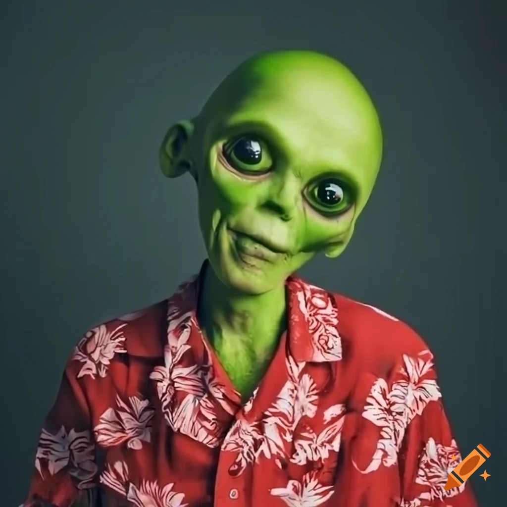 Green alien grandpa wearing a red hawaiian shirt on Craiyon