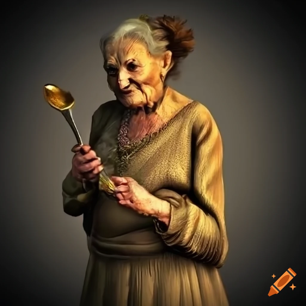 Elderly woman with brown hair holding a giant golden teaspoon on Craiyon