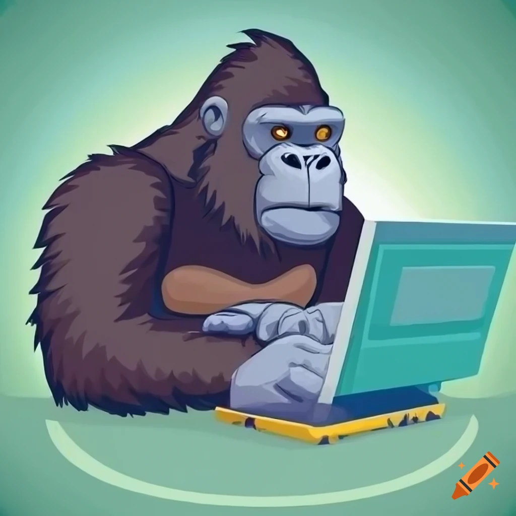 Gorilla using a computer in a cartoon style on Craiyon