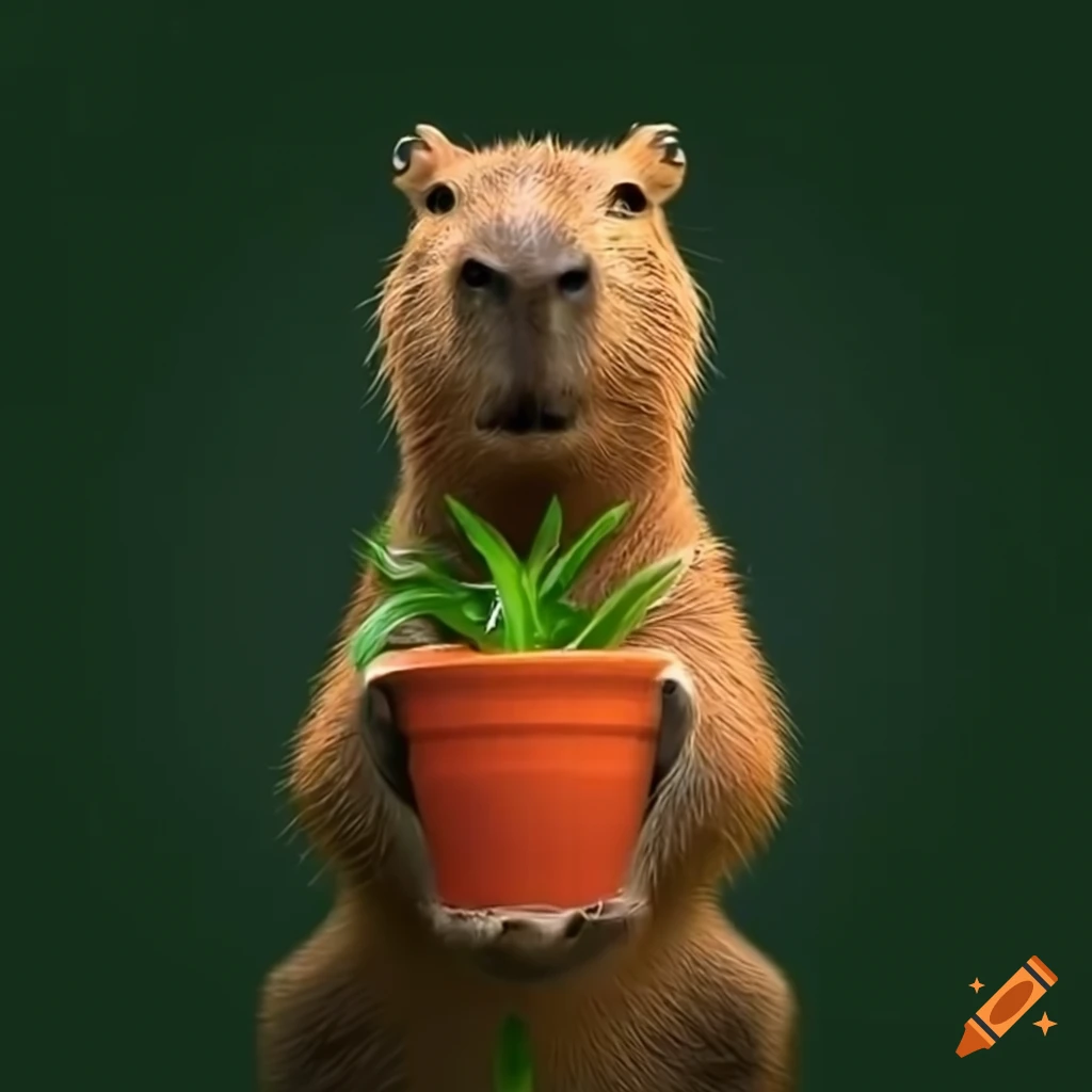 Smiling capybara holding a pot with a Monstera plant on Craiyon