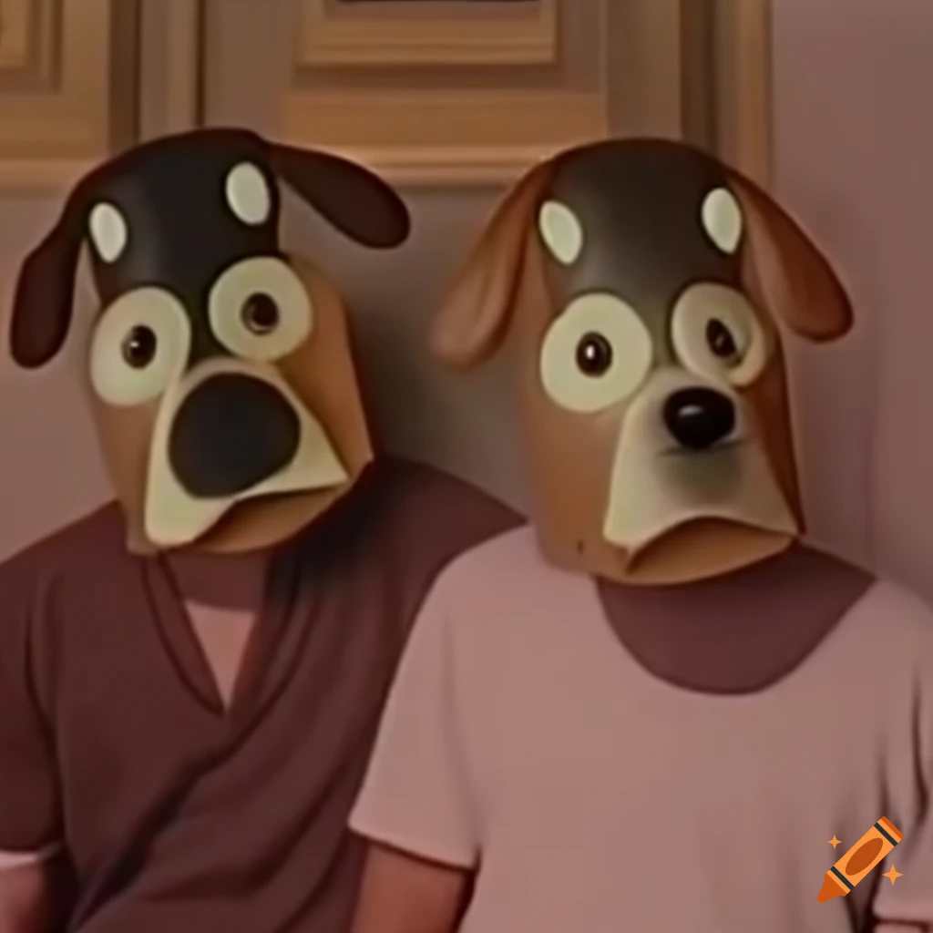 Two men wearing cartoon dog masks in a decorative room on Craiyon