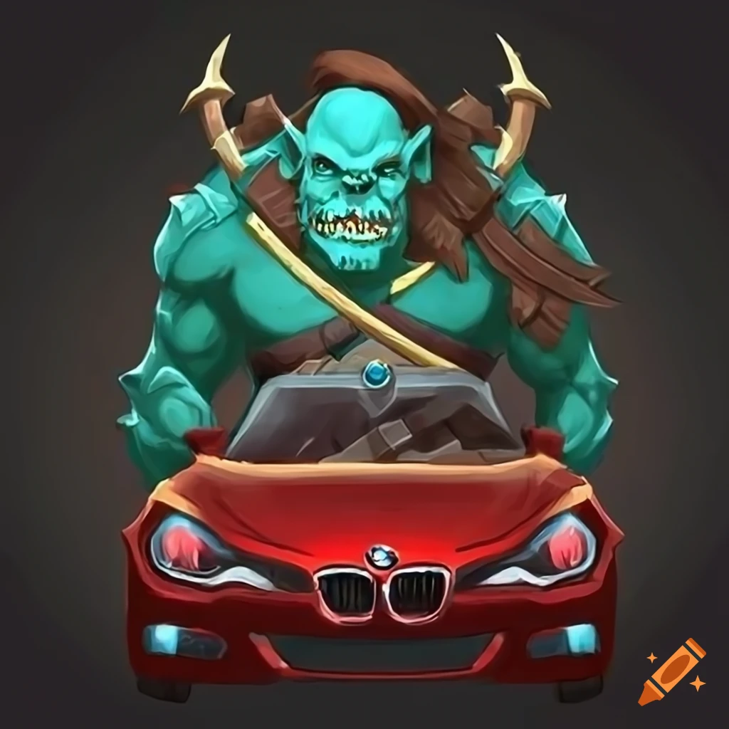 Orc male warrior in the style of world of warcraft driving a red bmw ...