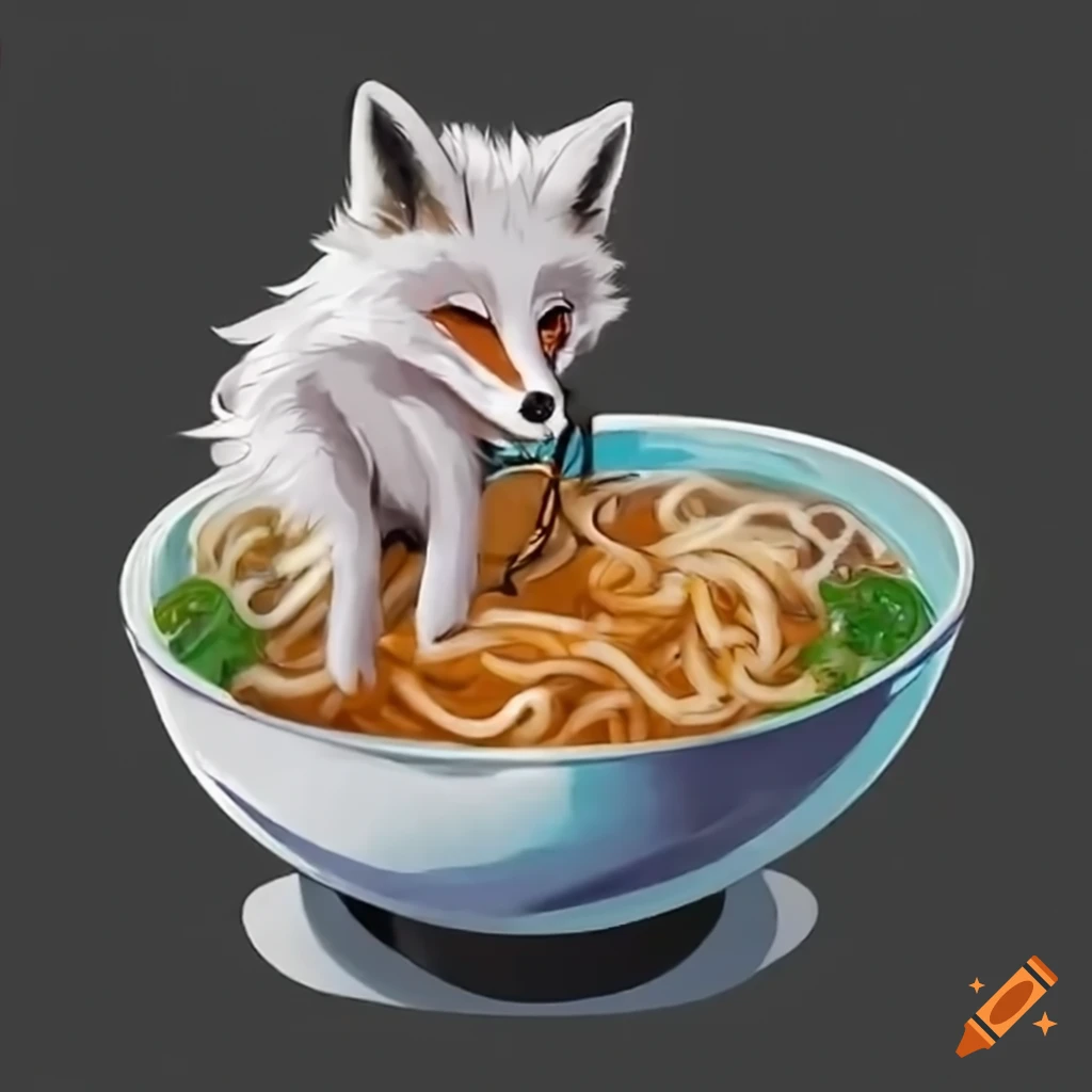 Fluffy white fox with a bowl of ramen noodles on Craiyon
