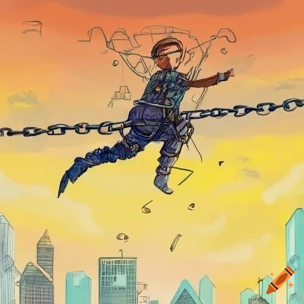 Director riding a flying metal chain over a sunny city landscape on Craiyon