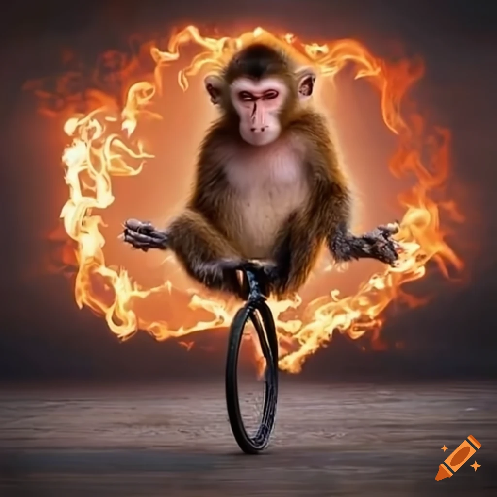 Monkey riding a flaming unicycle on Craiyon
