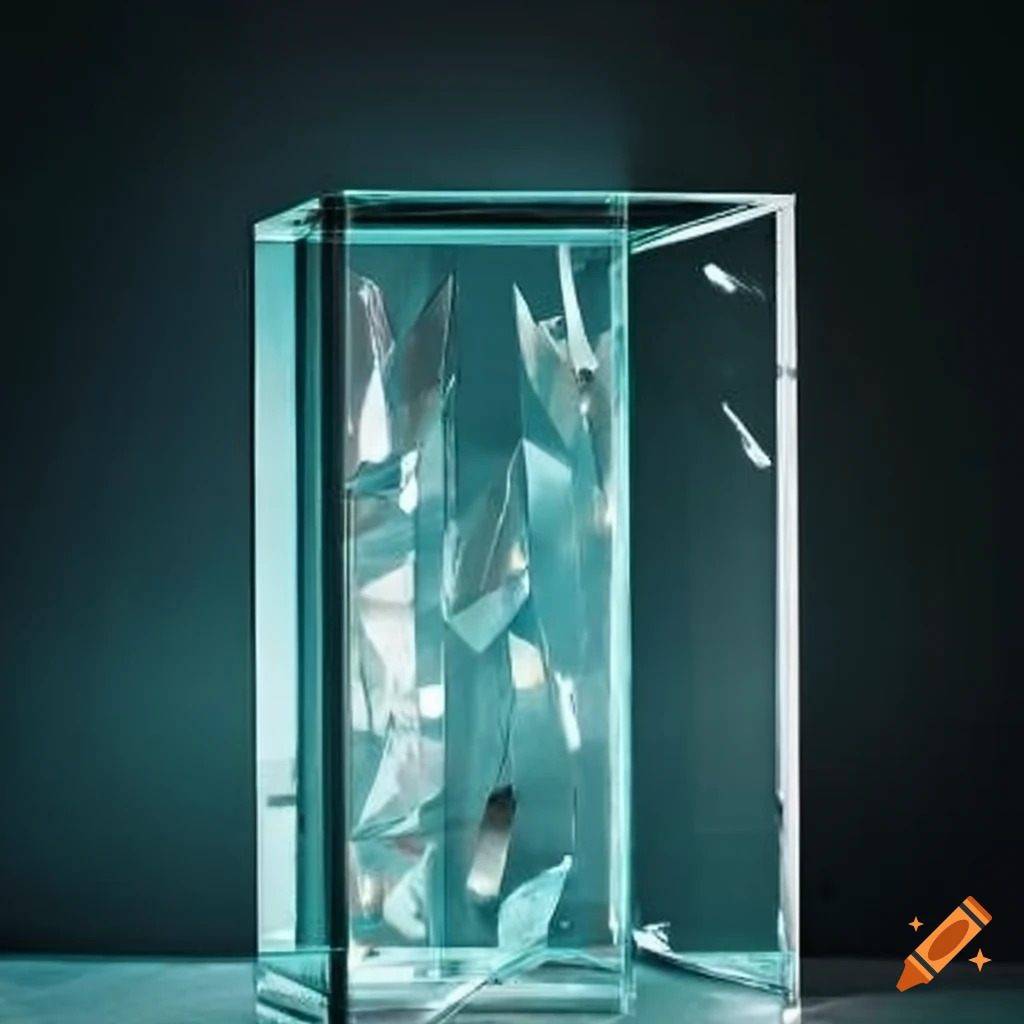 Tall vertical clear glass box with interior horizontal glass shards on ...