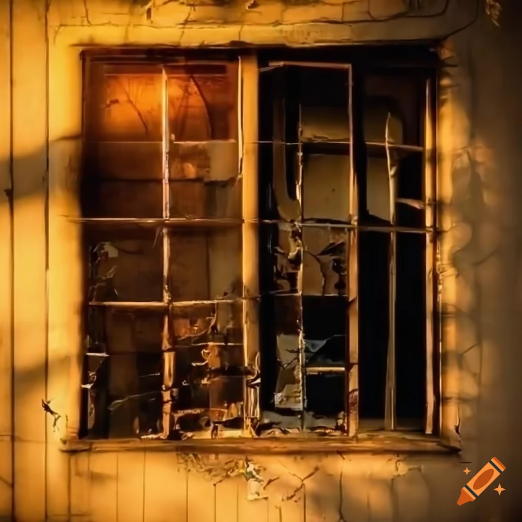 Abandoned sunny office with broken tinted glass windows in golden fog ...