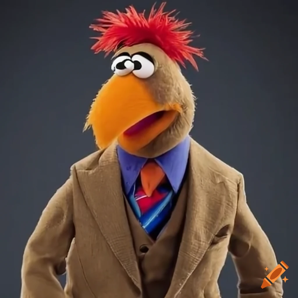 Serious muppet chicken news anchor in a dark suit on Craiyon