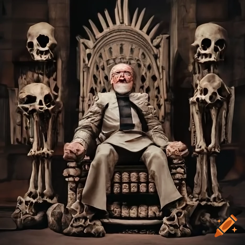 Colonel sanders on a bone throne in a medieval castle with ominous ...