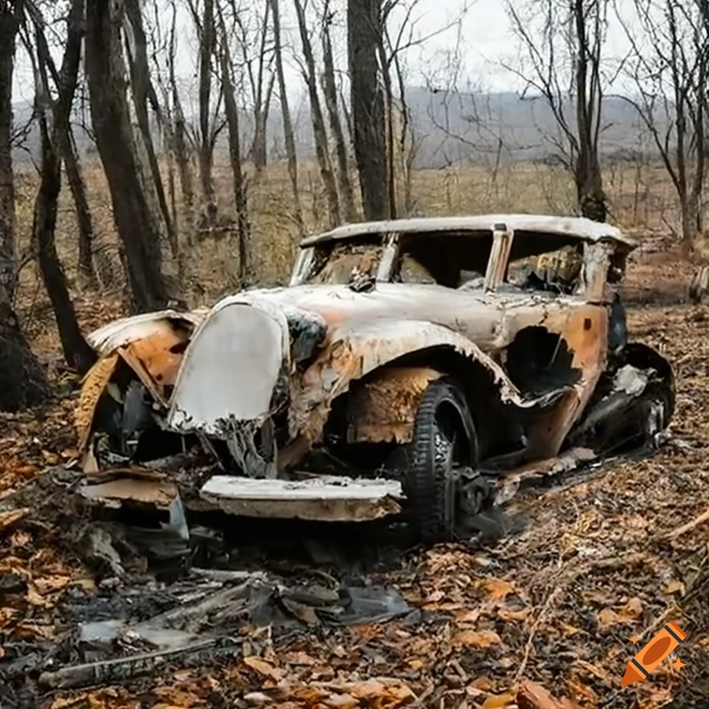 Destroyed ancient car surrounded by huge mushrooms on Craiyon