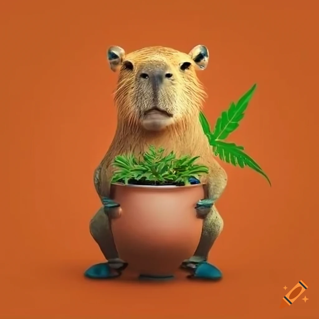 Capybara holding a pot with a cannabis plant on Craiyon