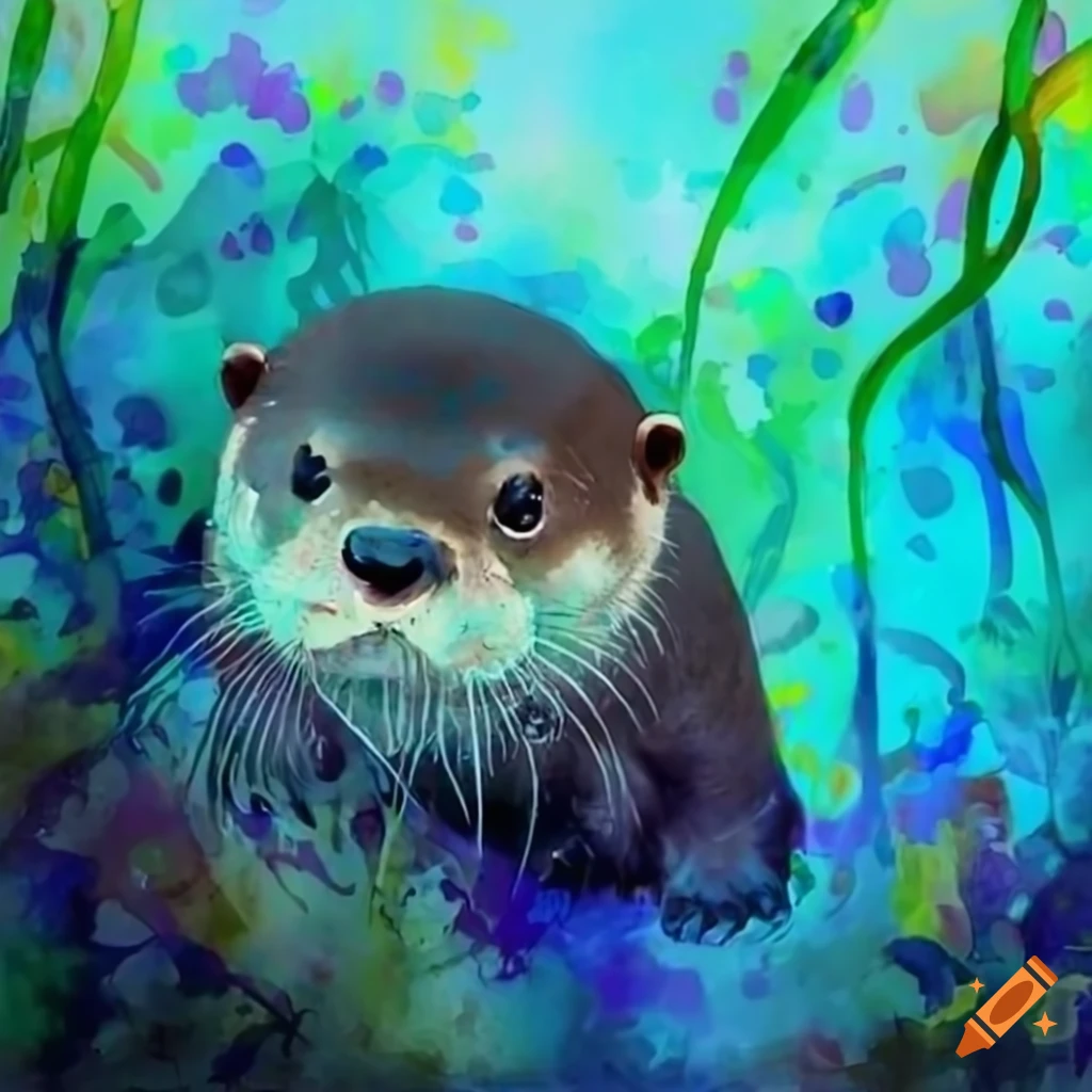 Adorable fluffy otter swimming in colorful kelp forest on Craiyon