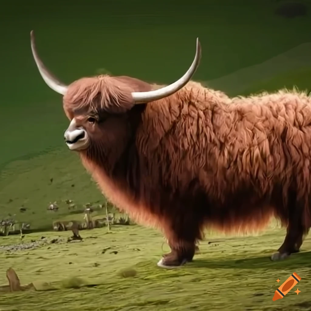 Woolly llama-yak hybrid standing with herd in a mountain field on Craiyon