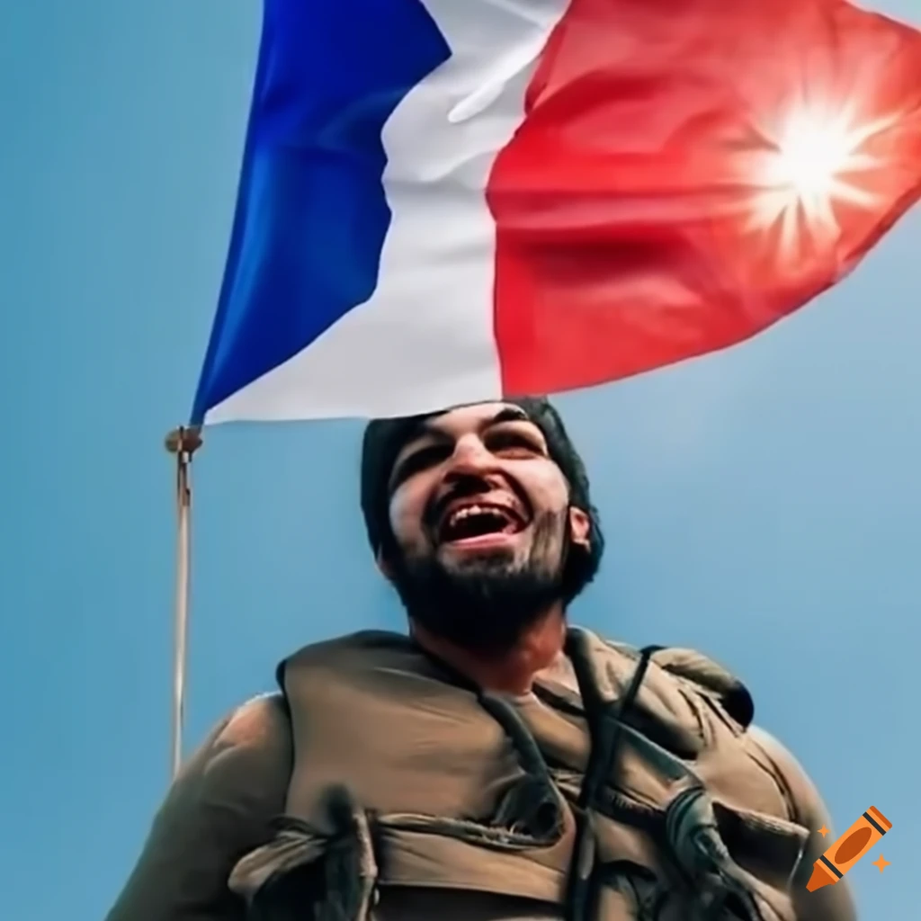 Man holding a french flag and laughing on Craiyon