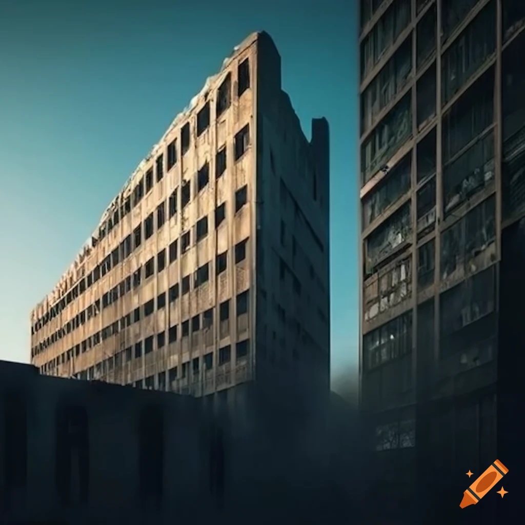 Exterior of an abandoned office building with unique architecture on ...