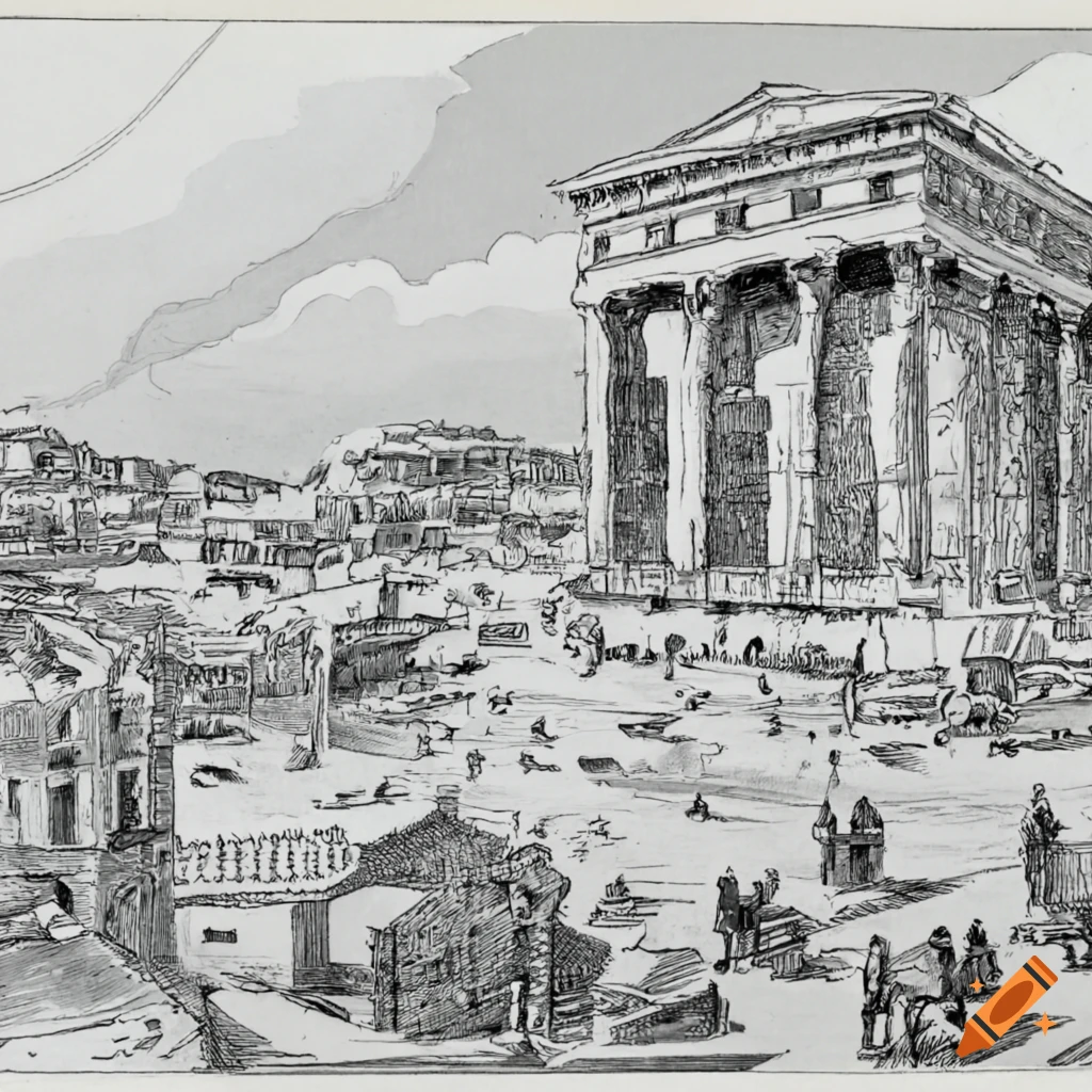 City of troy as seen from the top of the city gates in a pencil drawing ...