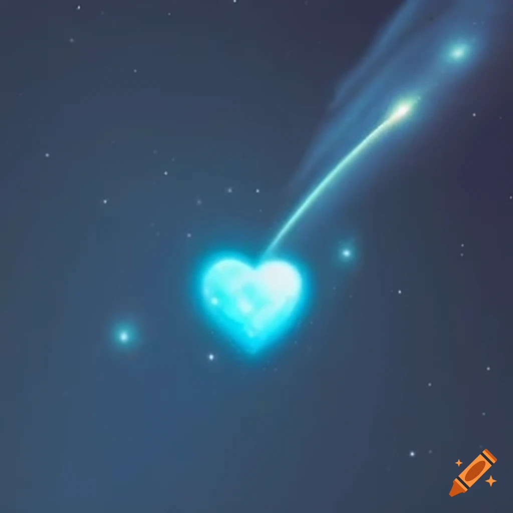Heart-shaped orb hugging a glowing comet in the night sky on Craiyon