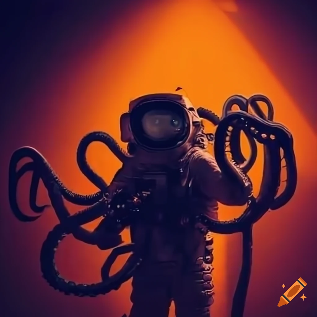 Astronaut in orange spacesuit with octopus arms behind, in a dimly lit ...