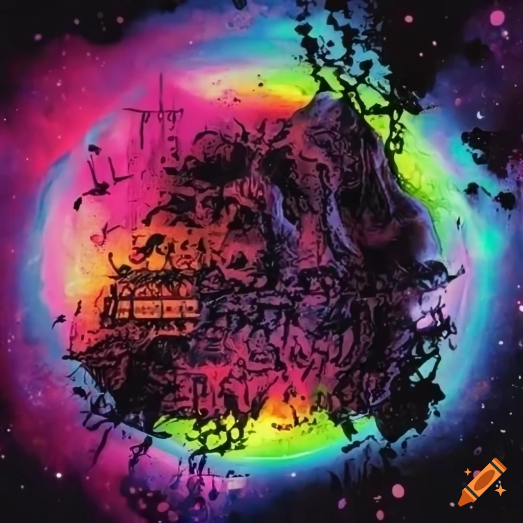 Abstract image with crawling darkness, rainbow, and space elements on ...