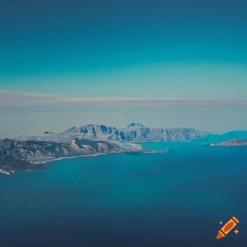 Aerial view of mountains separated by the sea on Craiyon