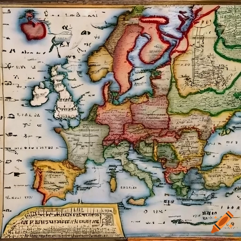 Map of 1433 europe with prominent country names on Craiyon