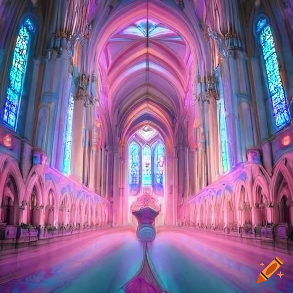 Cathedral interior with angelic pastel blue and pink aura on Craiyon
