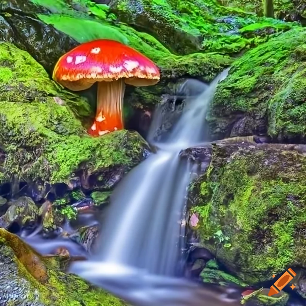 Majestic waterfall surrounded by mushrooms on Craiyon