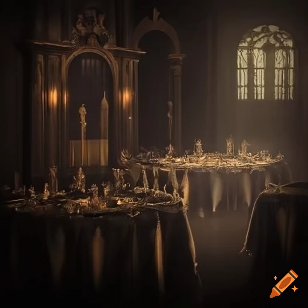 Dark banquet hall with a spellbinding atmosphere in a fantasy setting ...