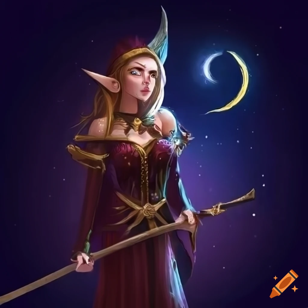 Beautiful wise witch elf with staff and sword in front of starry sky on Craiyon