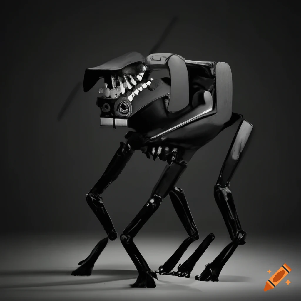 Black metal and copper robot hunting dog with a needle on Craiyon