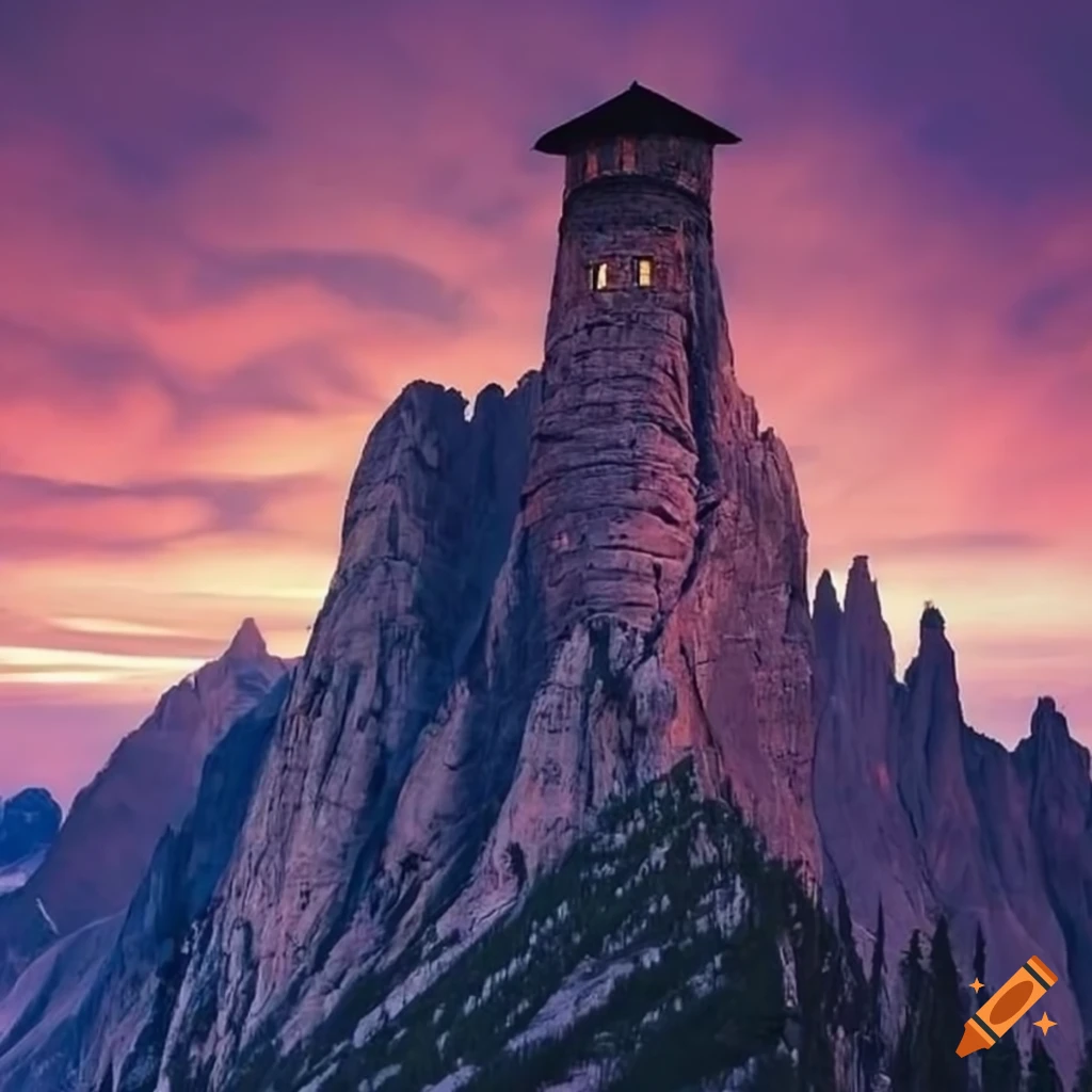 Imperious rock watchtower at the top of the rocky mountains on Craiyon