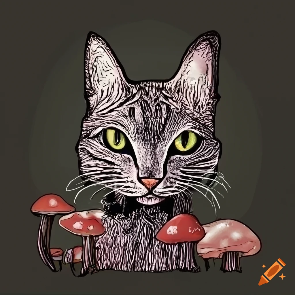 Gothic cat line drawing in a mushroom forest on Craiyon