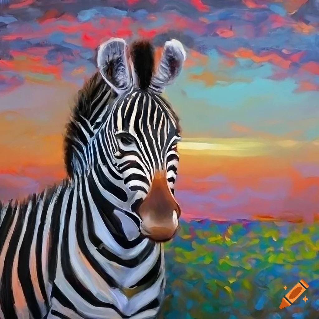 Zebra in Monet-inspired oil painting with stunning sunrise on Craiyon