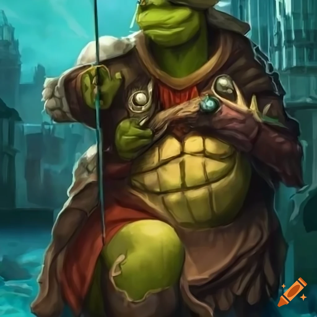 Humanoid turtle bard in a city from dungeons and dragons on Craiyon