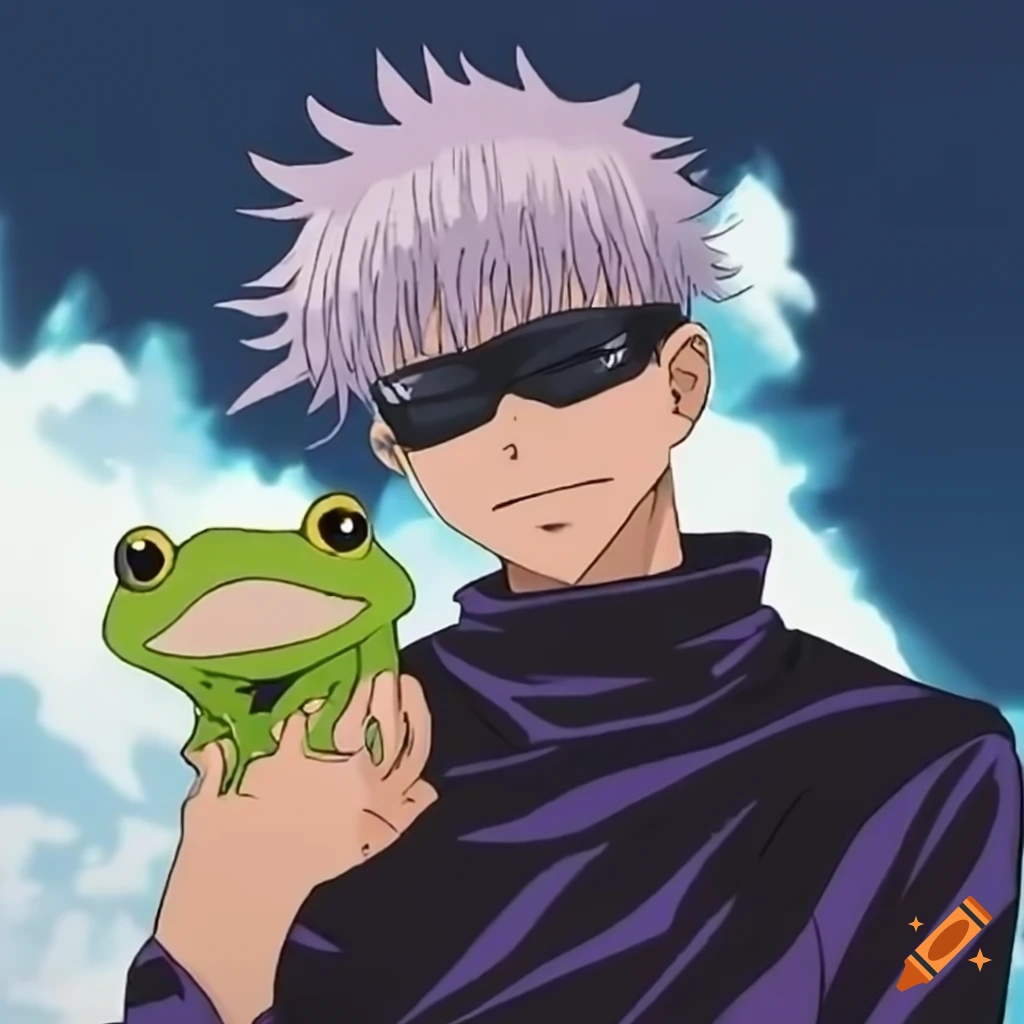 Gojo satoru holding a green frog in anime style on Craiyon
