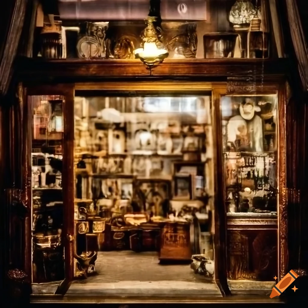 Front view of an antiques store window display on Craiyon
