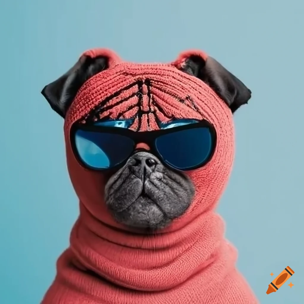 Pug wearing a full face ski mask and sunglasses on Craiyon