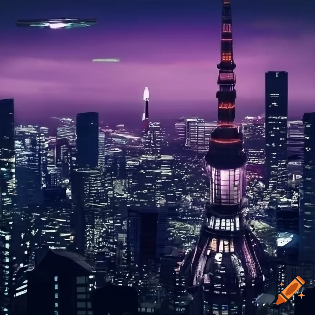 Futuristic Tokyo skyline with flying vehicles and advanced technology ...