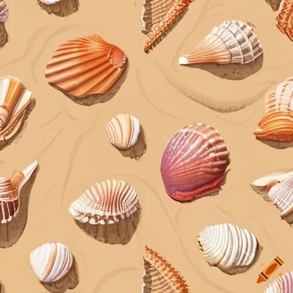 Repetitive pattern of seashells on sand in a photorealistic masterpiece ...