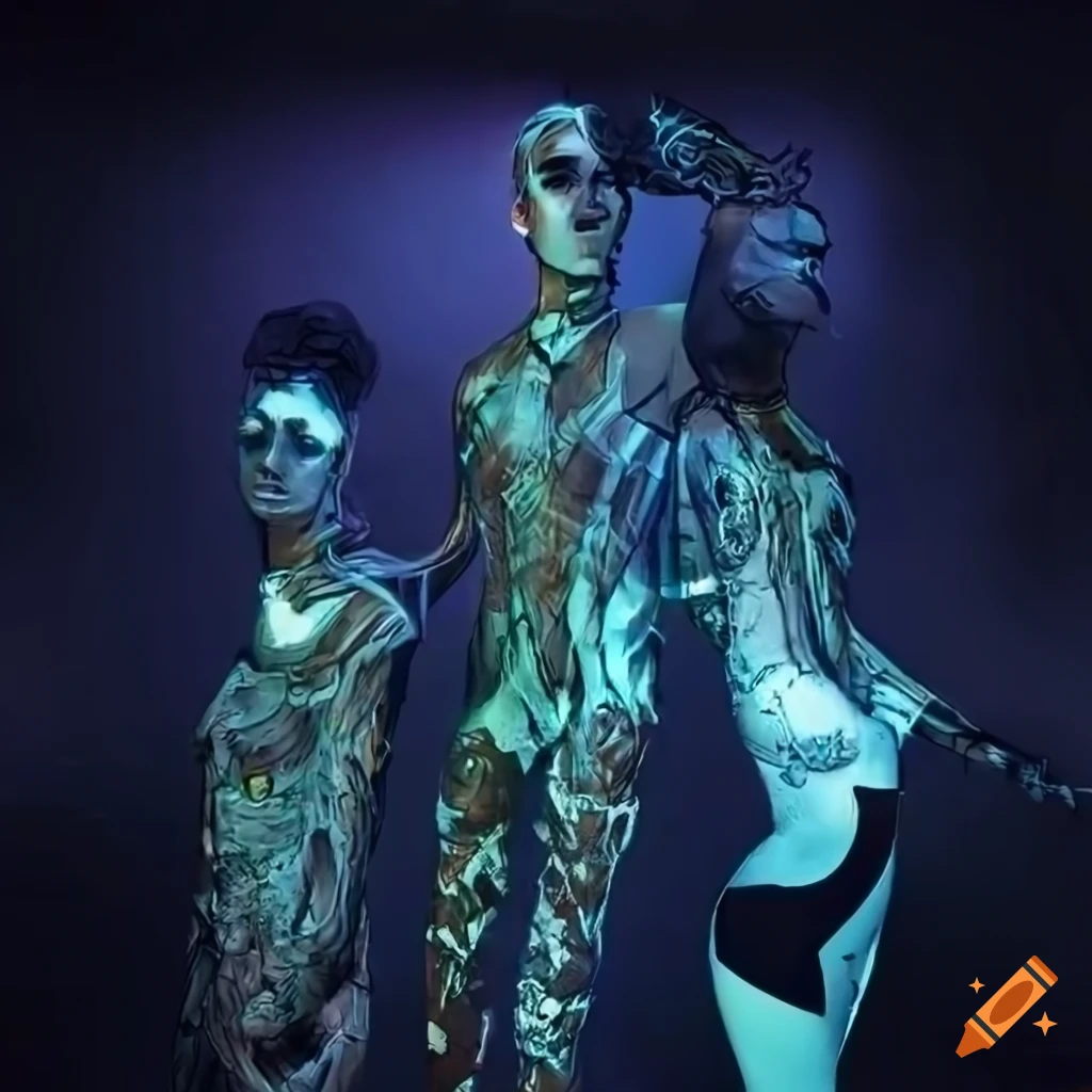 Digital illustration of a biopunk family in a futuristic setting with ...