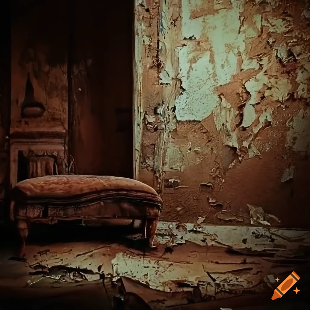 Abandoned room with peeling wallpaper, defaced painting, and destroyed ...