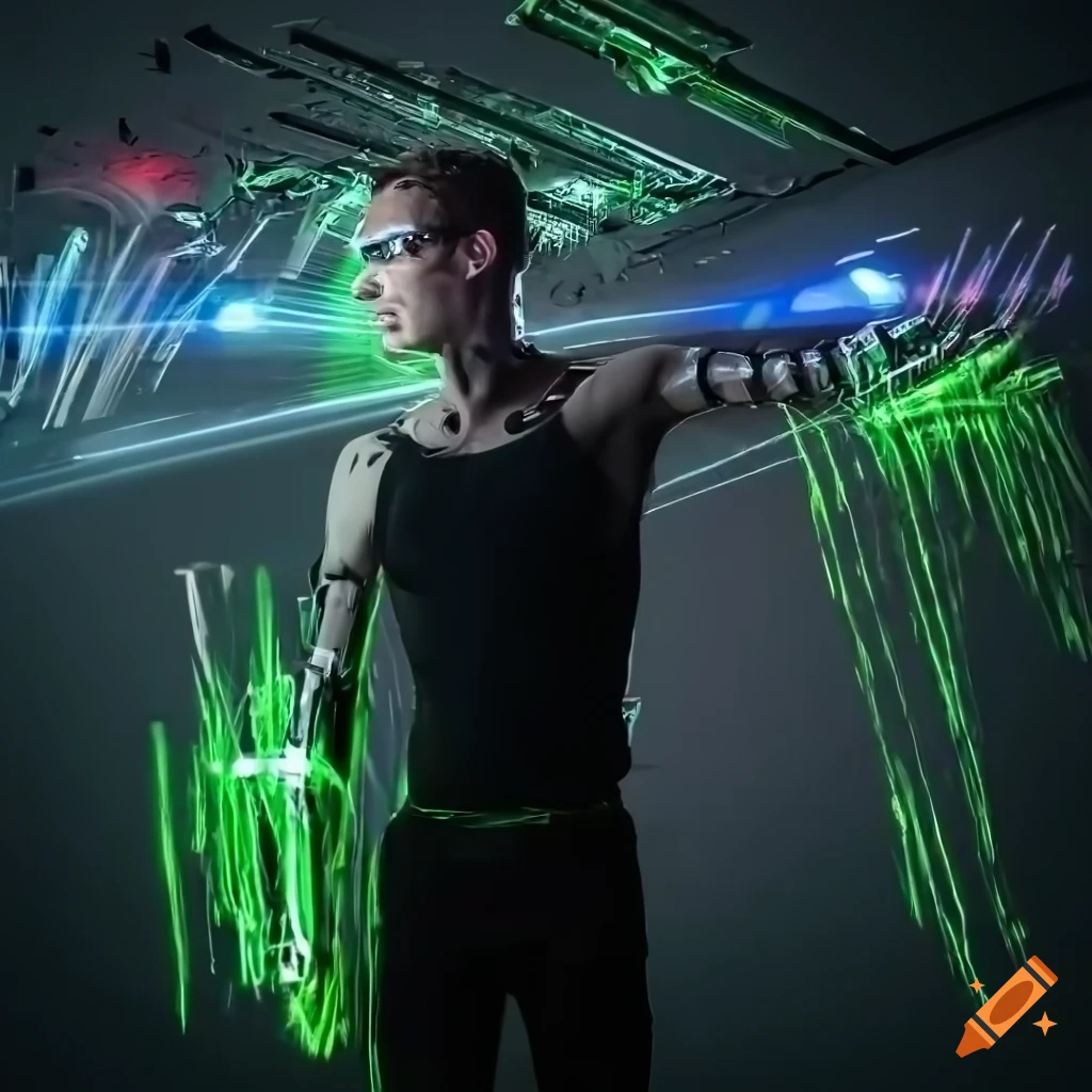 PhotoRealistic image of a futuristic male cyborg nerd in a computer hub ...