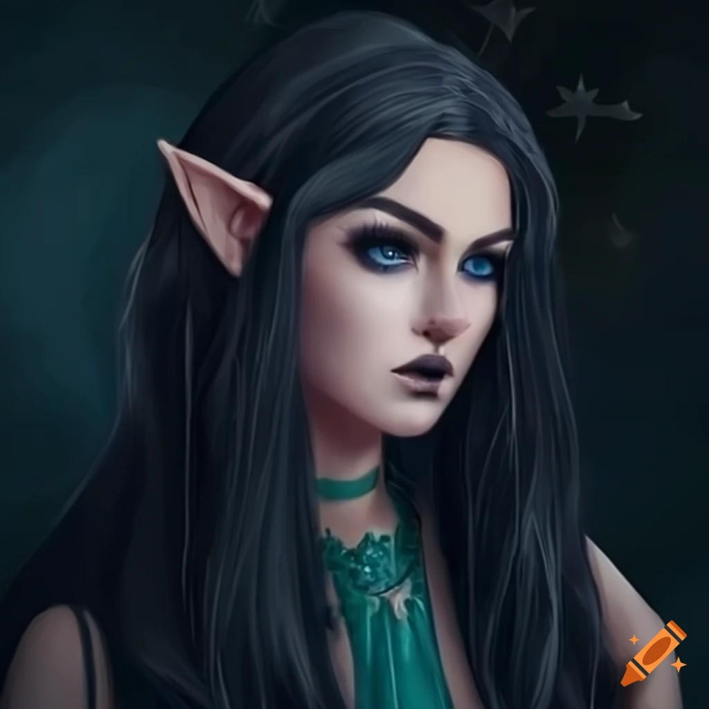 High-elf princess with long black hair standing under the moon on Craiyon