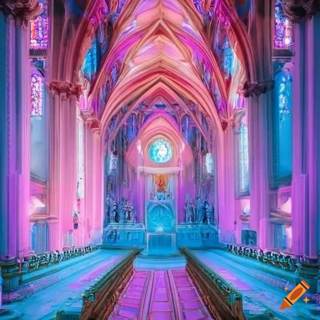 Cathedral interior with angelic pastel aura in blue and pink on Craiyon