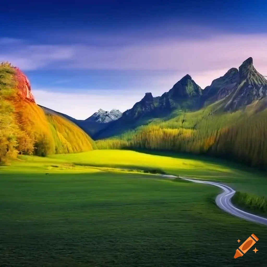 Serene pastoral landscape with distant green peaks and winding roads in ...