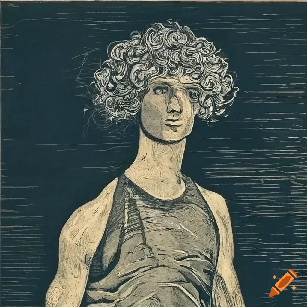 Athletic rock climber man with grey curly hair, linocut by Hugo Simberg ...
