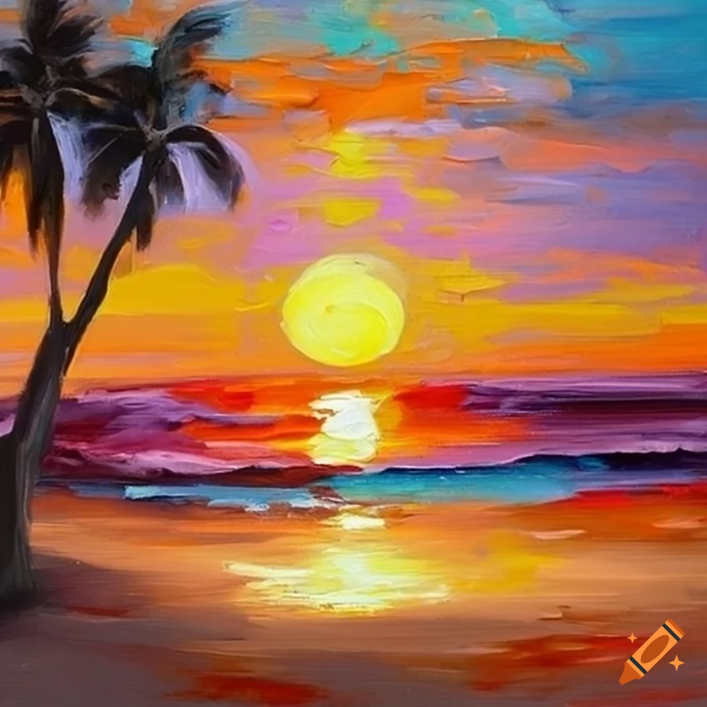 Sunset beach scene in an oil painting on Craiyon