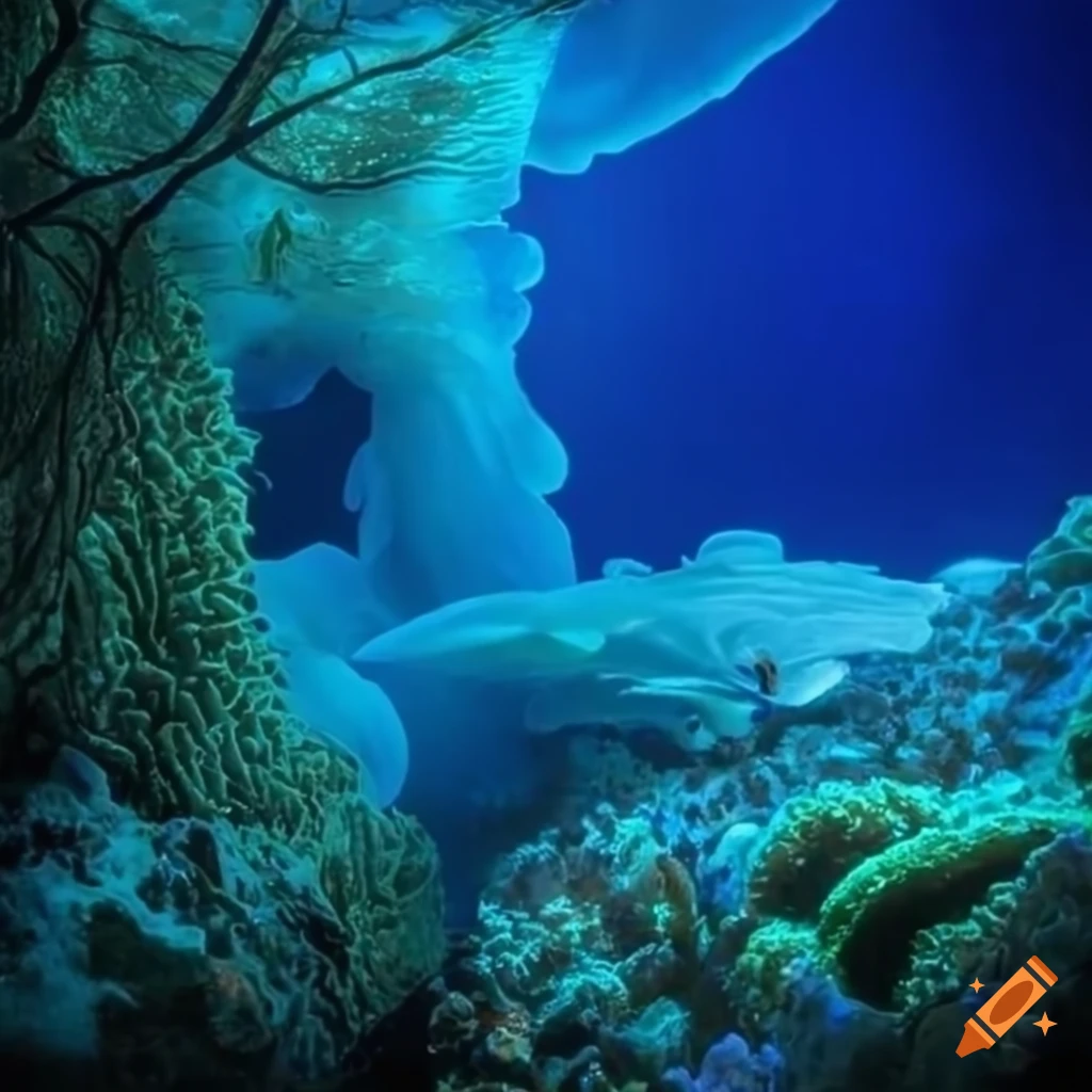 Underwater tapestry of vibrant fish, coral, and mythical creatures with ...