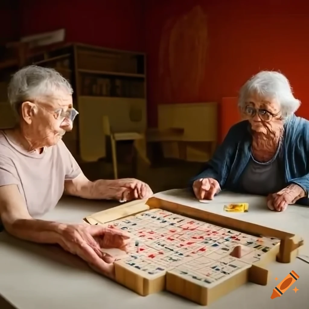 Elderly people playing Scrabble in a community center on Craiyon