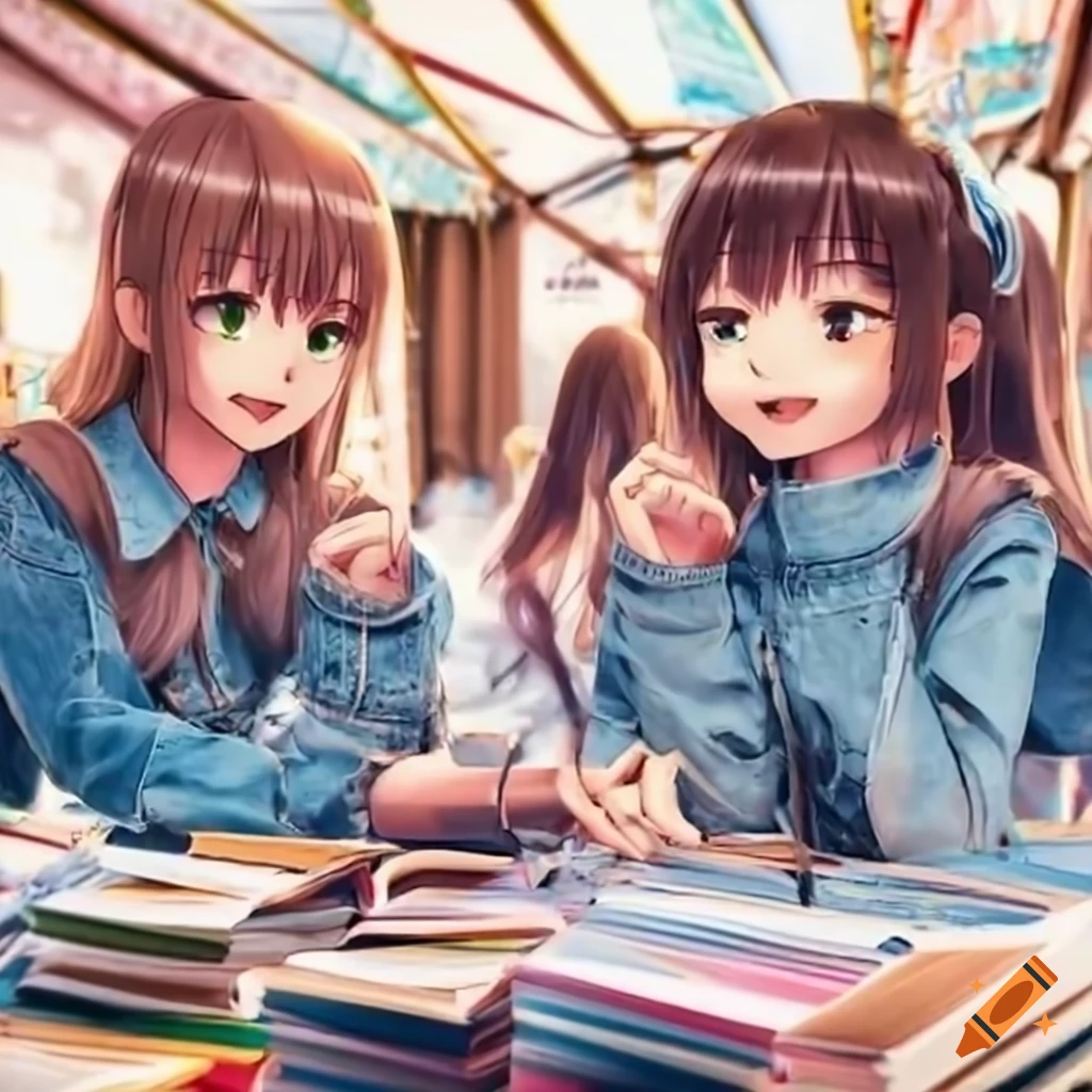 Cheerful anime girls studying science textbooks at a crowded outdoor ...